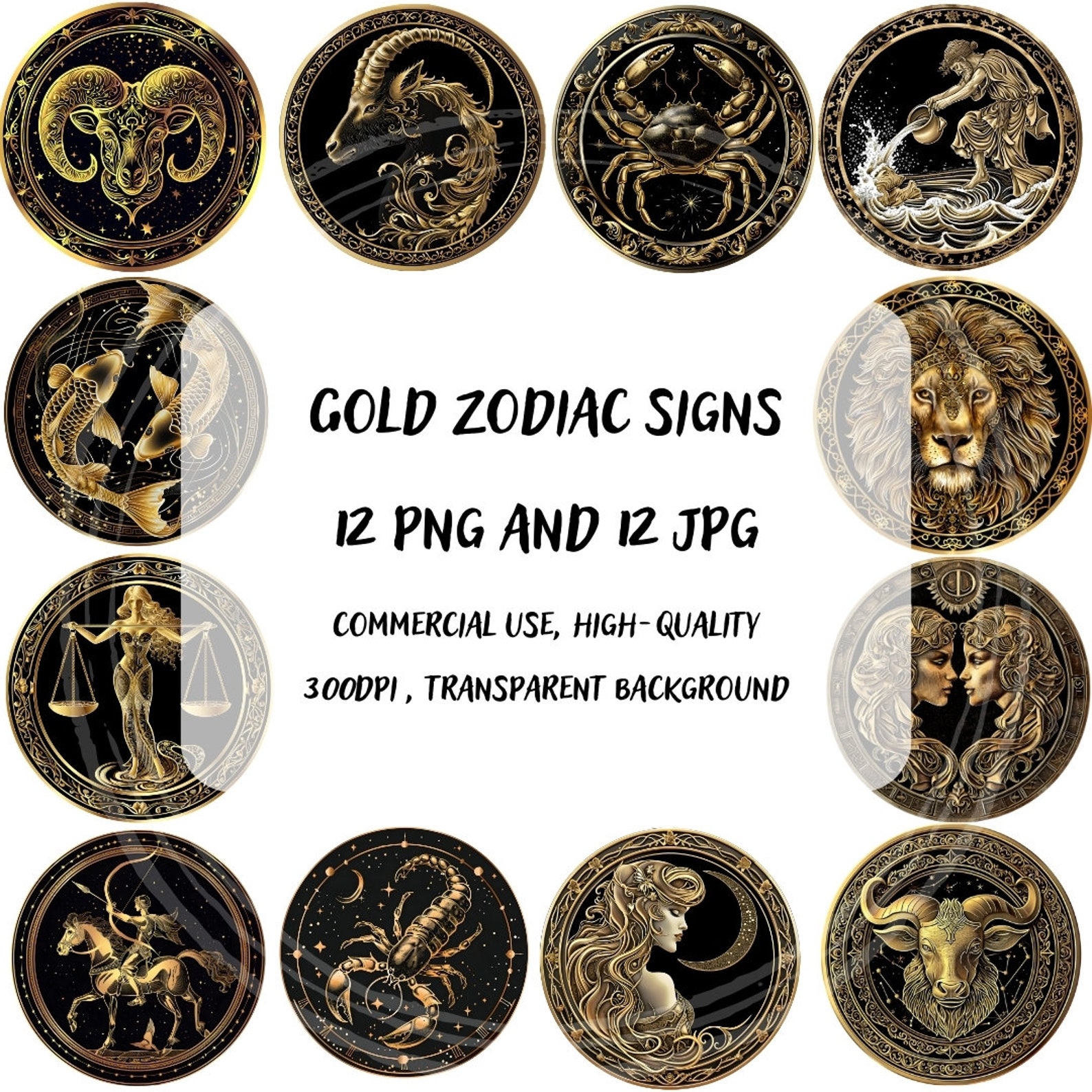Gold Zodiac Sign Clipart Bundle, Digital Horoscope Png and Jpg Files ...