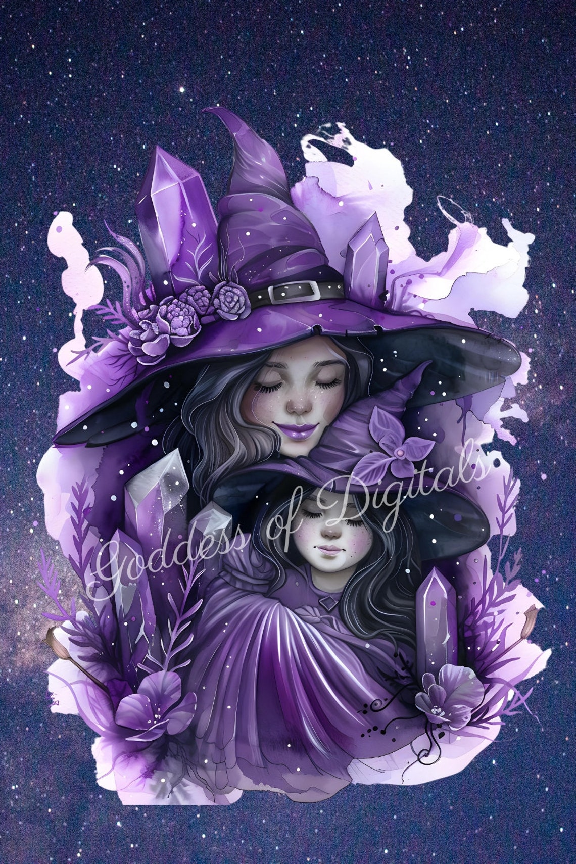 Purple Witch Mom and Daughter Image Bundle, Fantasy Clipart Set for ...