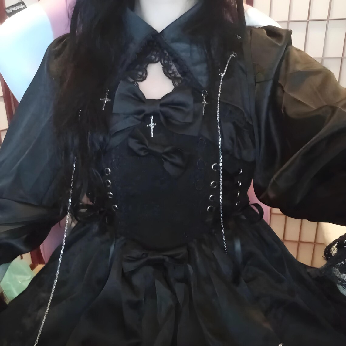 Gothic Lolita Dress With Long Bell Sleeves, Black Emo Victorian Cosplay ...
