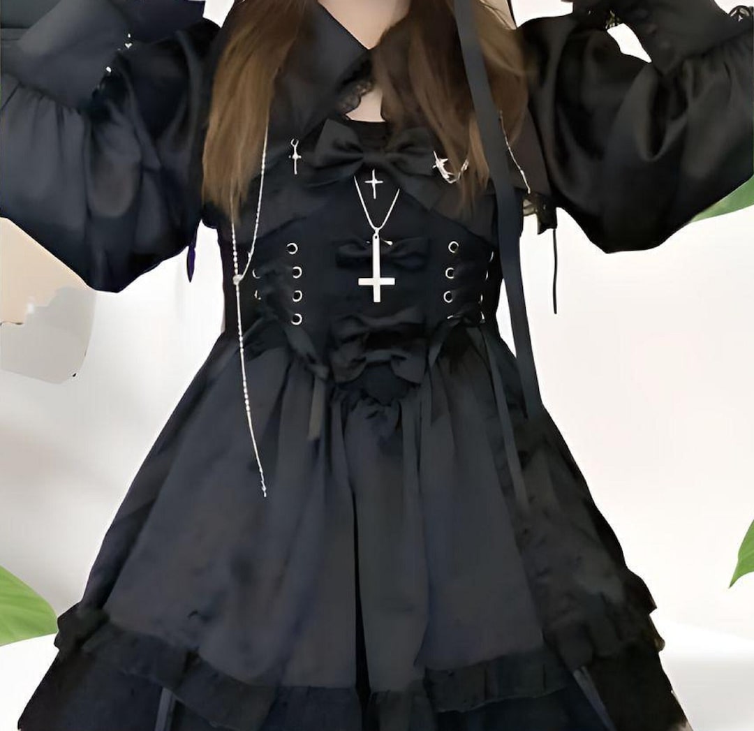 Gothic Lolita Dress With Long Bell Sleeves, Black Emo Victorian Cosplay ...