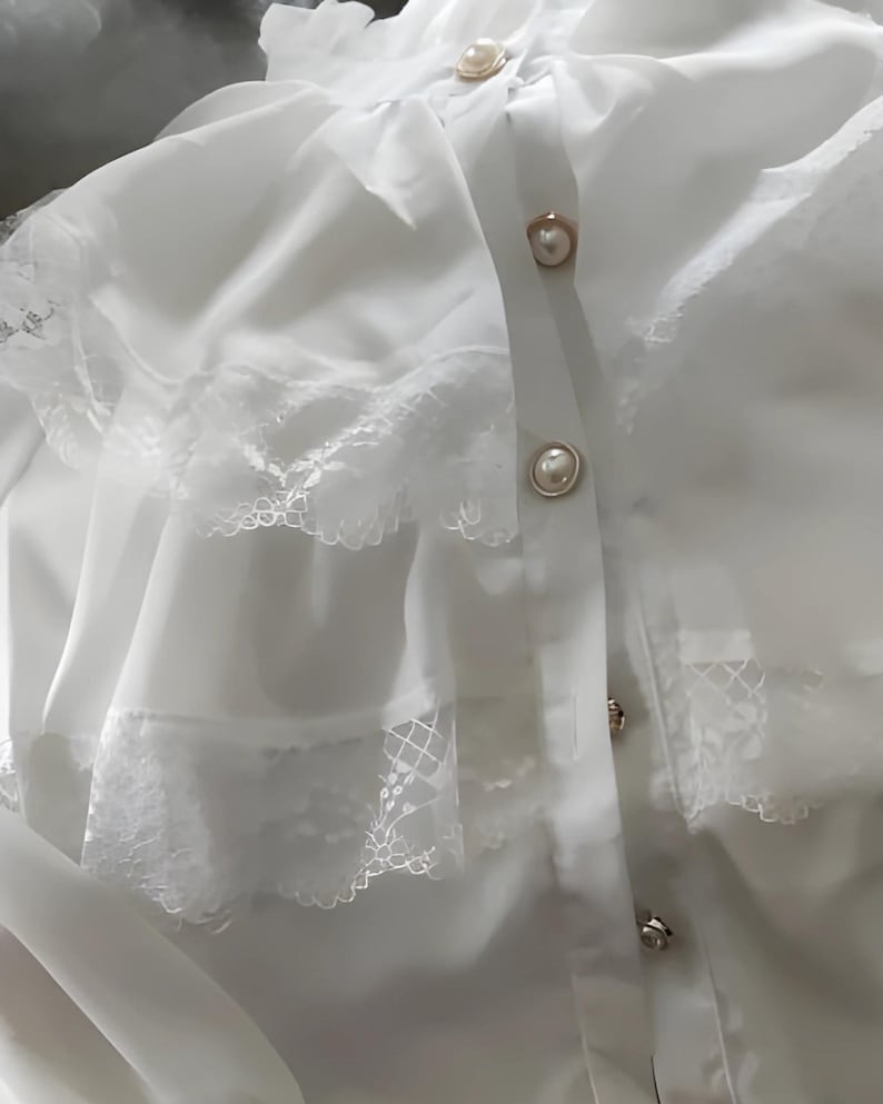 Women's White Chiffon Lace Work Blouse With Ruffles Victorian Gothic Pirate Poet Costume for ...