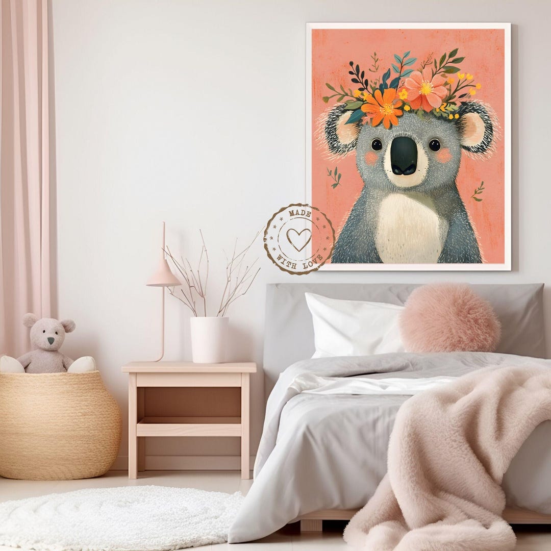 Pastel Koala Art Print, Cute Animal Wall Decor, Floral Headband ...