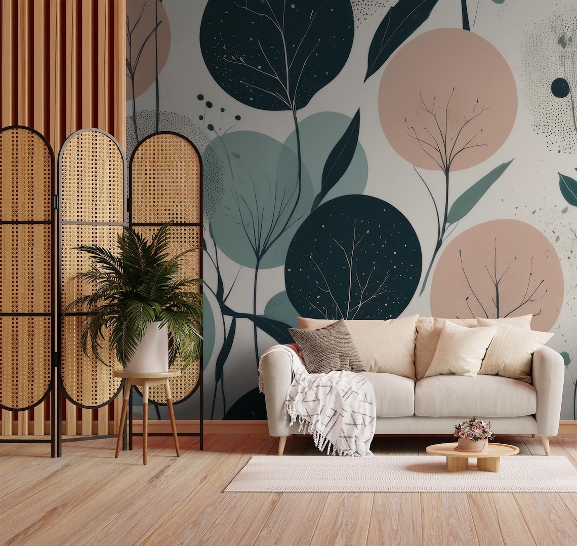 Tree and Leaf Wallpaper Abstract Botanical Wall Mural Home Renovation ...