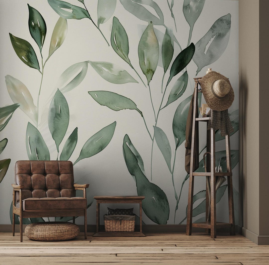 Botanical Green Wallpaper, Leaf Wall Mural | Home Renovation | Wall Art ...
