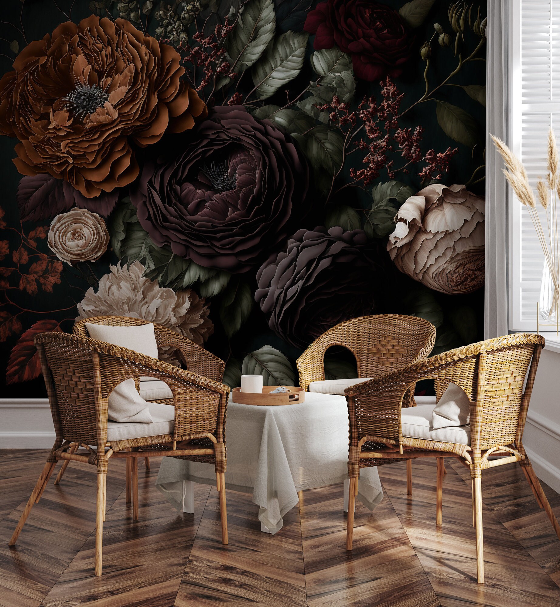 Floral Wall Mural, Dark Dramatic Flower Wallpaper | Wall Decor | Home ...