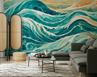 Japanese Style Wall Mural, Wave Pattern Wall Decor Home Renovation Wall ...