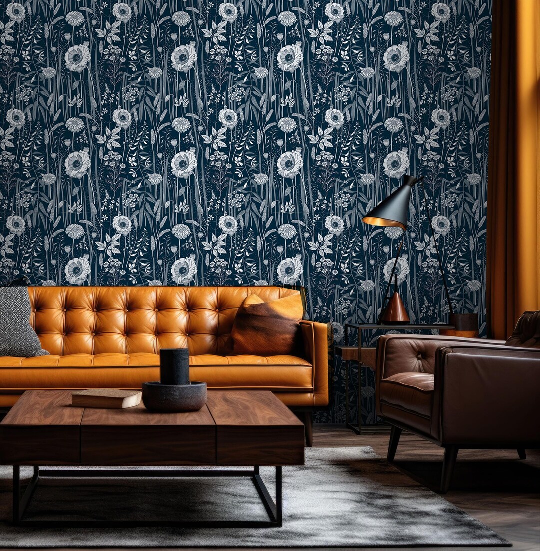 Navy Blue Herbs and Leaves | Wildflowers Wall Decor | Home Renovation ...