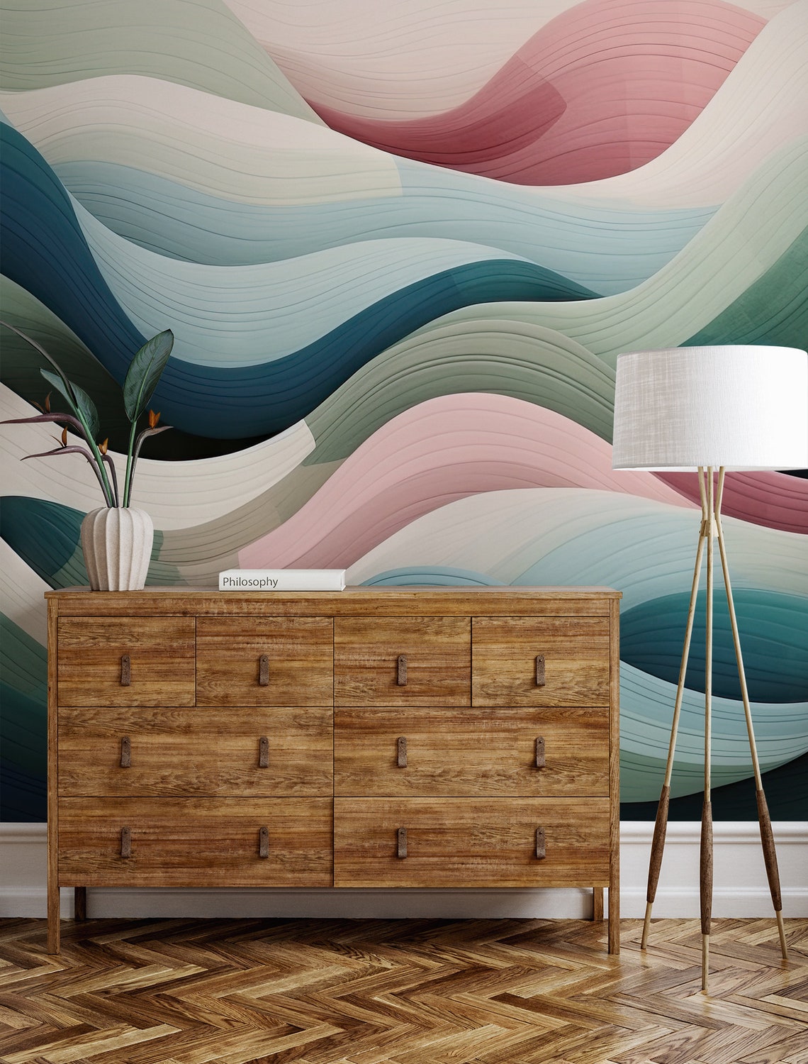 Abstract Green and Red Wavy Wallpaper Wall Decor Home Renovation Wall ...