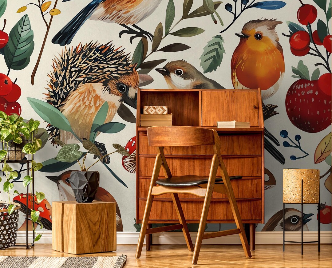Woodland Wallpaper, Bird, Mushroom and Berry Wall Mural | Home ...