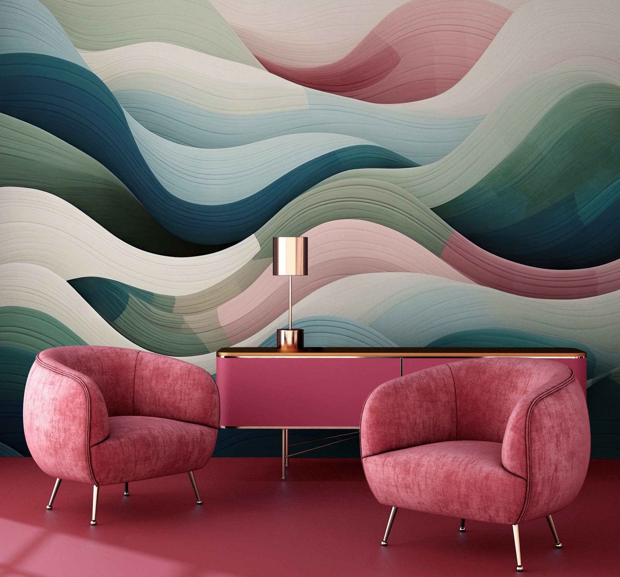 Abstract Green and Red Wavy Wallpaper Wall Decor Home Renovation Wall ...