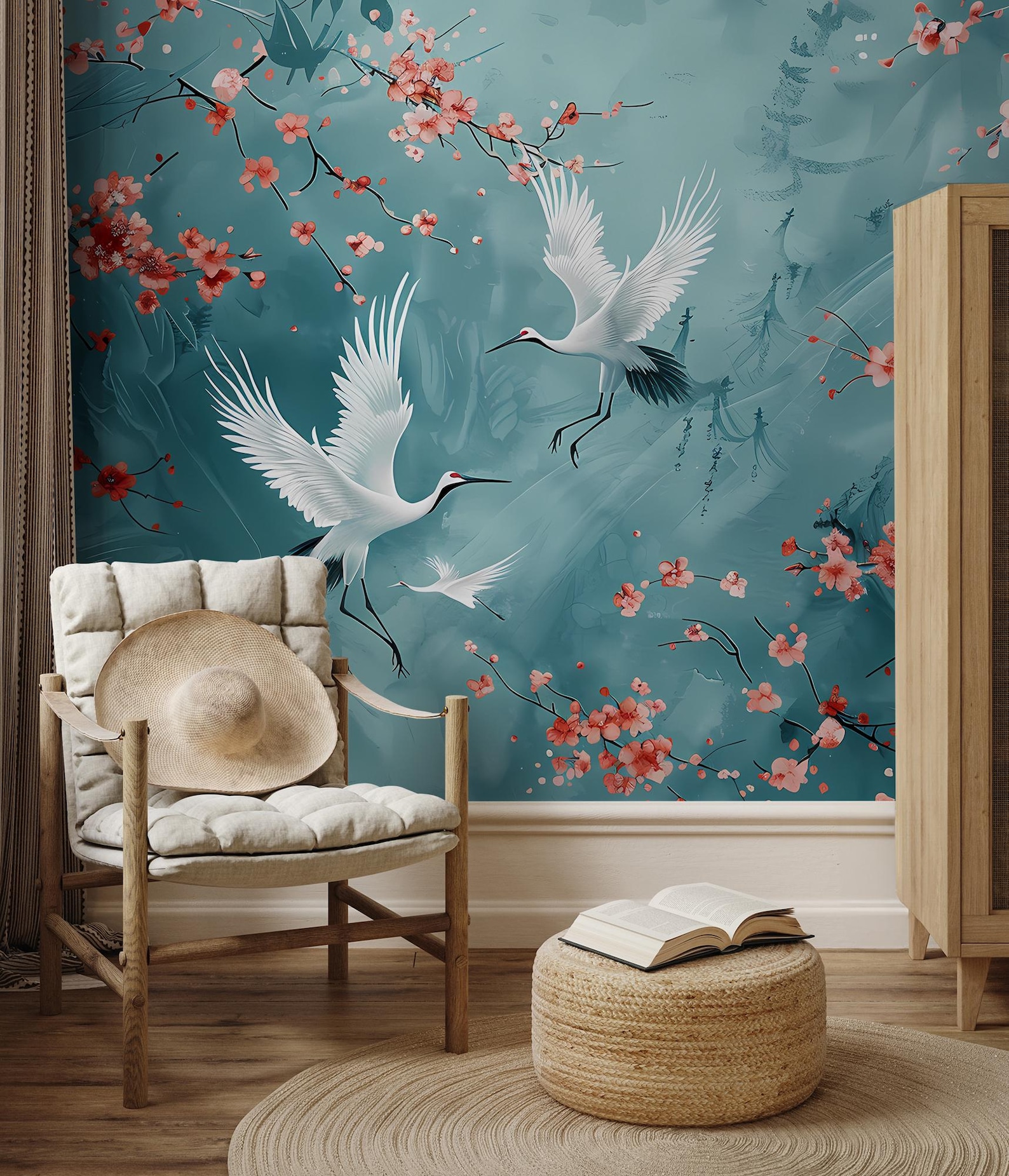 Blue Crane Bird Wallpaper, Vintage Botanical Wall Mural | Home ...