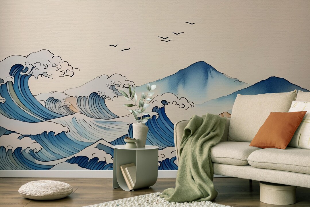 Blue Wave Wallpaper | Watercolor Mountain Wall Mural | Home Renovation ...