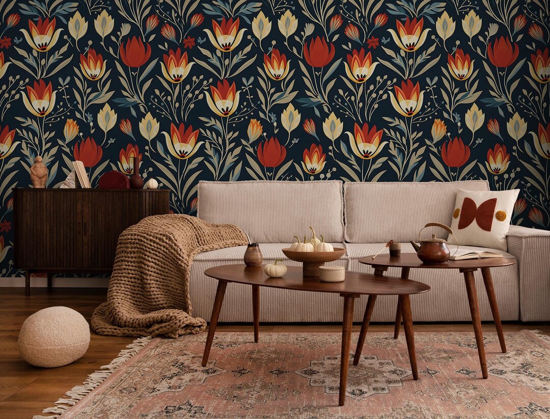 Navy Scandinavian Floral Wallpaper | Floral Wall Mural | Home ...
