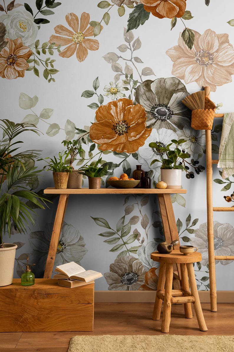 Watercolor Floral Wallpaper, Rustic Flower Home Decor | Home Renovation ...