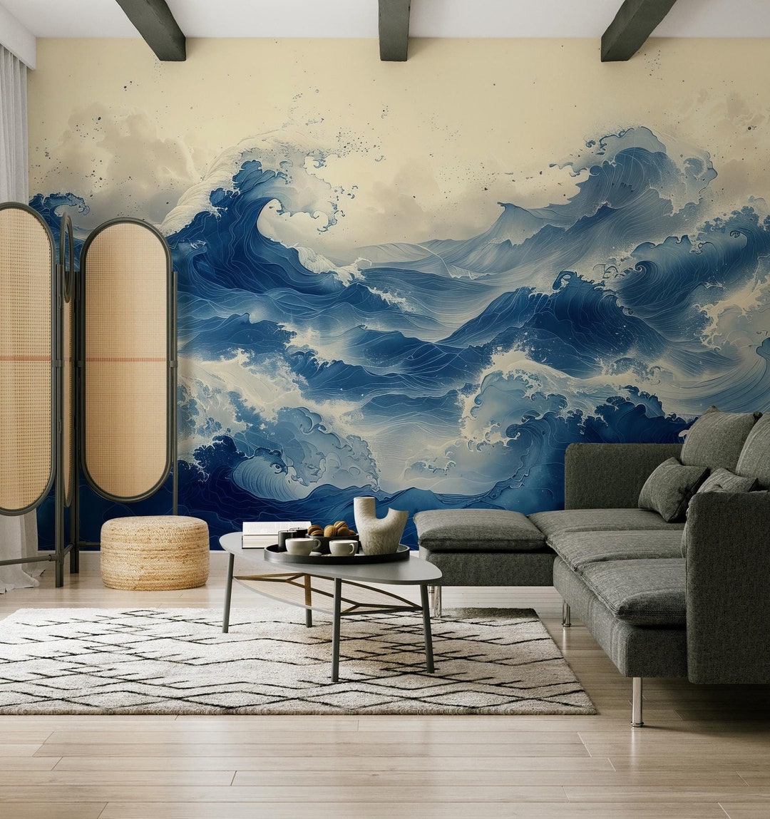 Modern Wave Wallpaper | Blue Ocean Wall Mural | Home Renovation | Wall ...