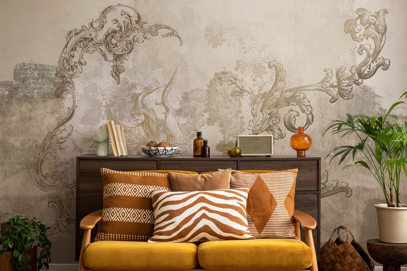Modern Rococo Wallpaper | Bird Grunge Wall Mural | Home Renovation ...