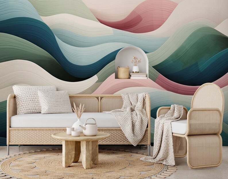 Abstract Green and Red Wavy Wallpaper Wall Decor Home Renovation Wall ...