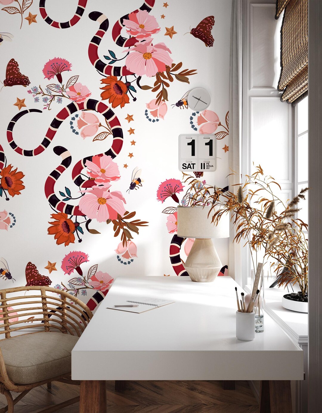 Botanical Wallpaper With Snakes and Flowers | Home Decor | Home ...
