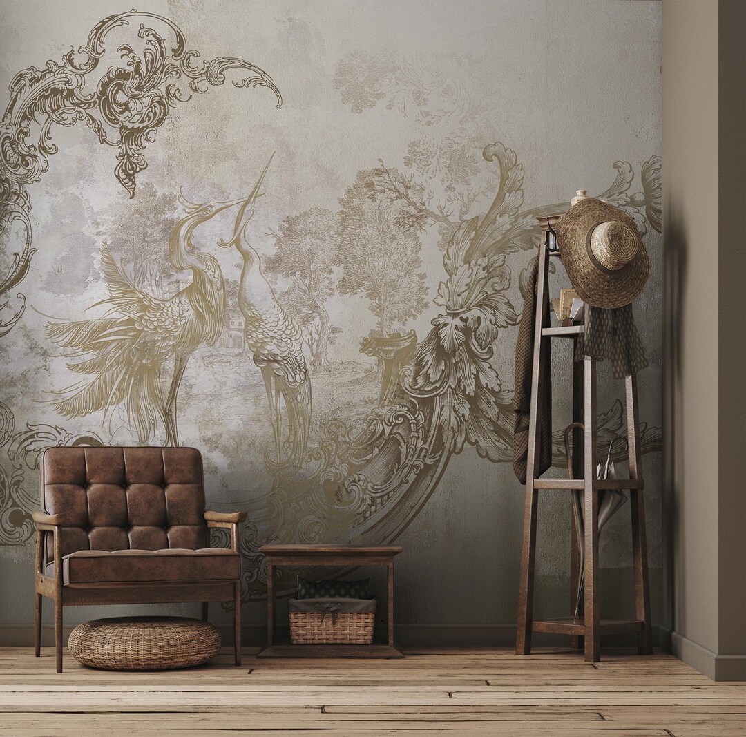 Modern Rococo Wallpaper | Bird Grunge Wall Mural | Home Renovation ...
