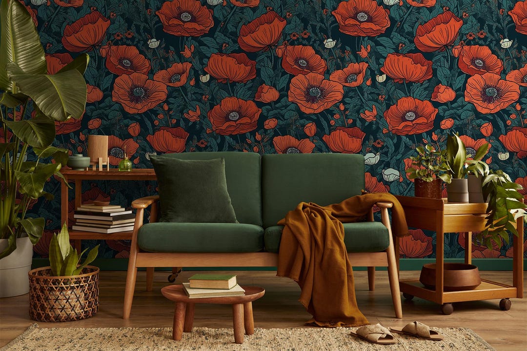 Poppy Flowers Dark Green Wallpaper | Floral Wall Mural | Home ...