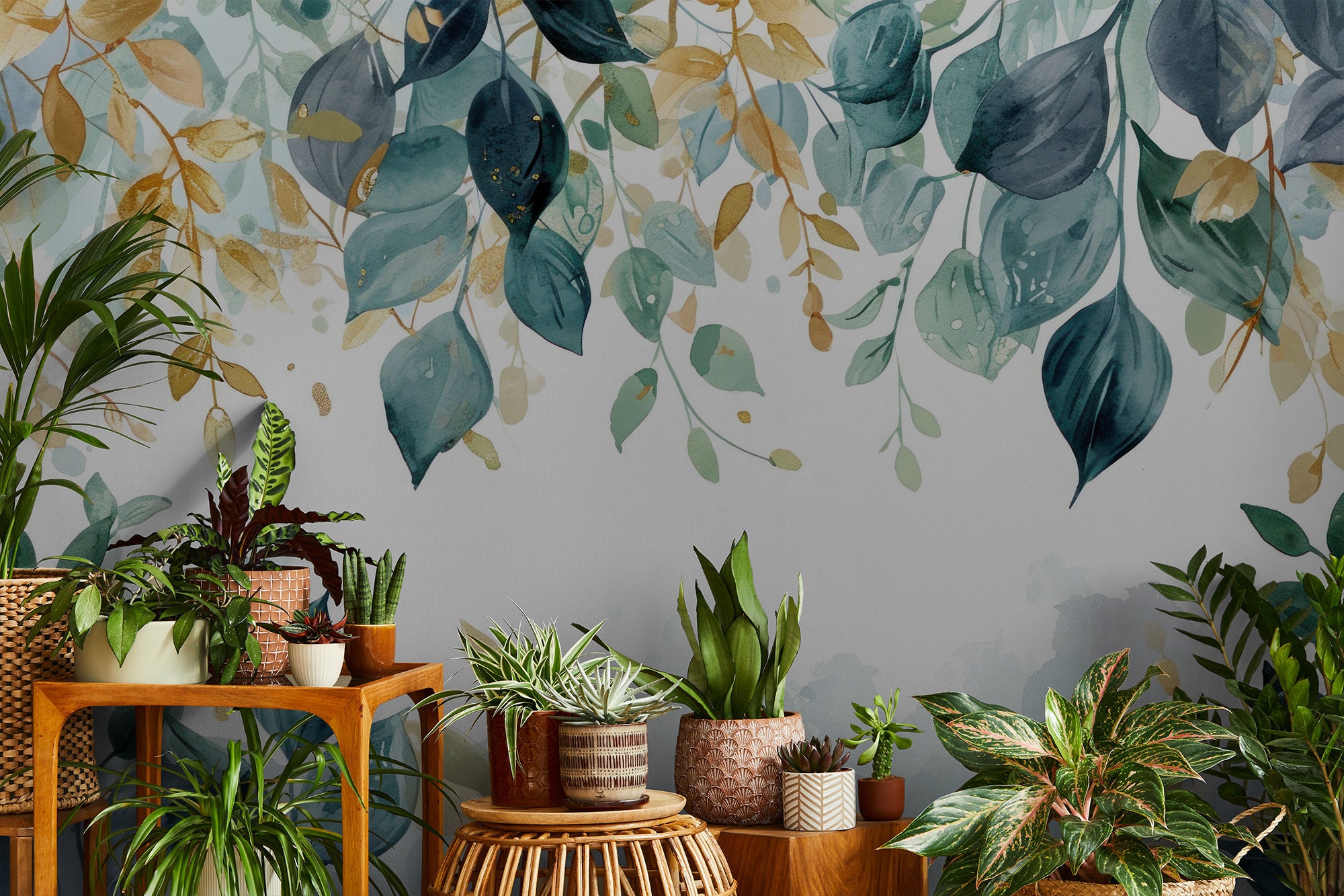 Watercolor Leaf Wallpaper, Abstract Plant Wall Decor Home Renovation ...