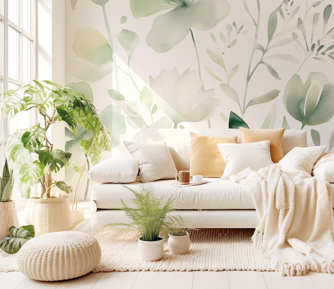 Light Green Botanical Wallpaper | Leaves Wall Mural | Home Renovation ...