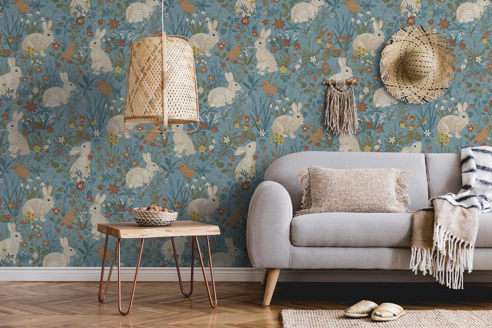 Blue Vintage Rabbit Wallpaper | Botanical Wall Decor | Home Renovation ...