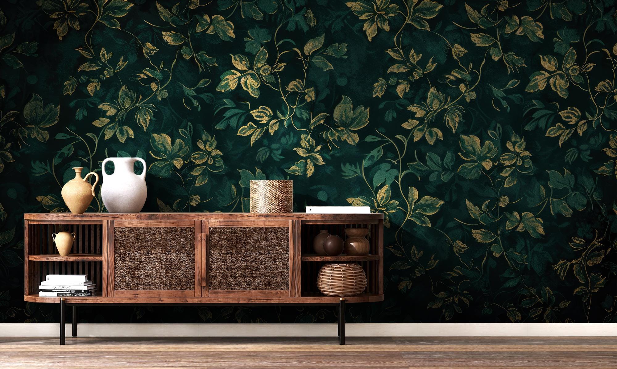 Green Floral Wallpaper, Plant Wall Mural Home Renovation Wall Art Peel ...