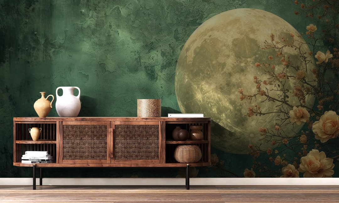 Full Moon Green Wallpaper | Wall Decor | Home Renovation | Peel and ...