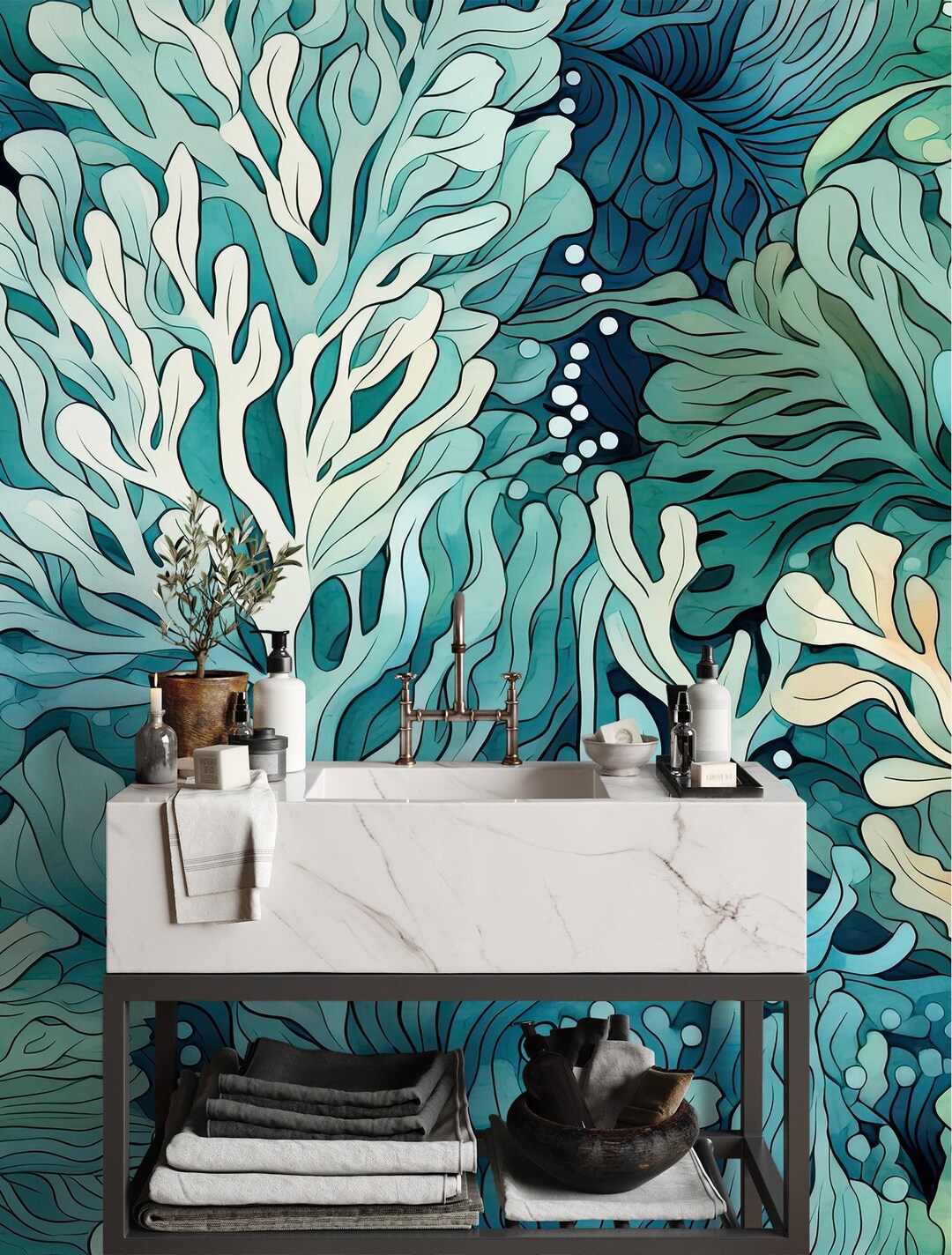 Blue Sea Plant Wallpaper, Watercolor Botanical Home Decor | Home ...