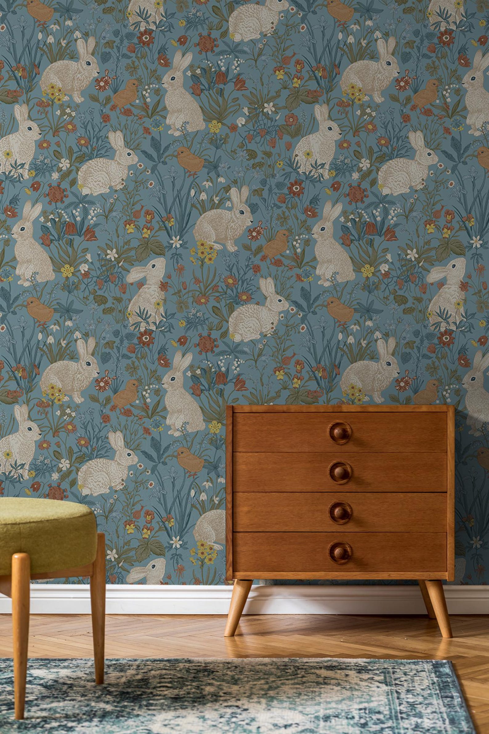 Blue Vintage Rabbit Wallpaper | Botanical Wall Decor | Home Renovation ...