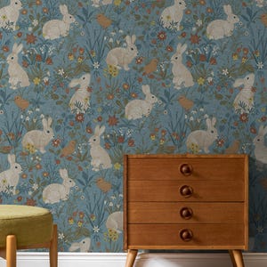 Blue Vintage Rabbit Wallpaper | Botanical Wall Decor | Home Renovation ...