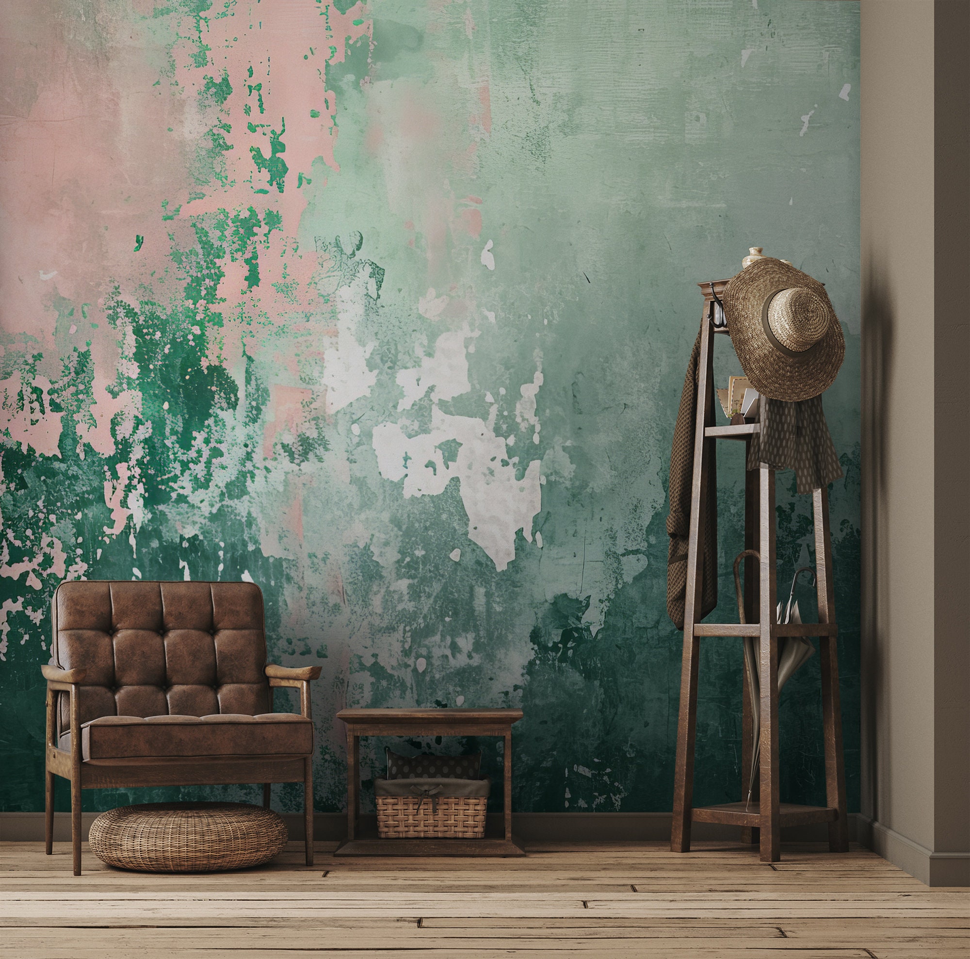 Pink and Green Abstract Wallpaper Wall Decor Home Renovation Wall Art ...