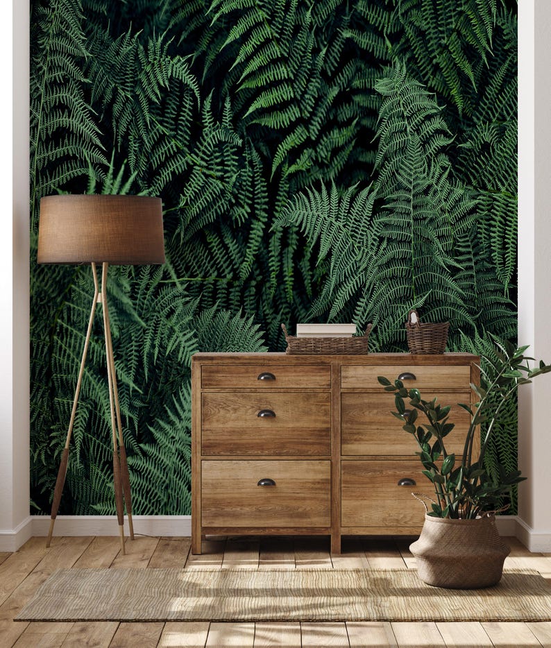 Fern Leaves Wallpaper, Dark Green Forest Wall Mural | Home Renovation ...