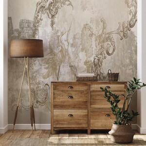 Modern Rococo Wallpaper | Bird Grunge Wall Mural | Home Renovation ...