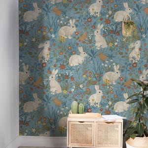 Blue Vintage Rabbit Wallpaper | Botanical Wall Decor | Home Renovation ...