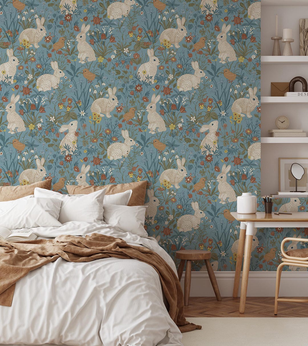 Blue Vintage Rabbit Wallpaper | Botanical Wall Decor | Home Renovation ...