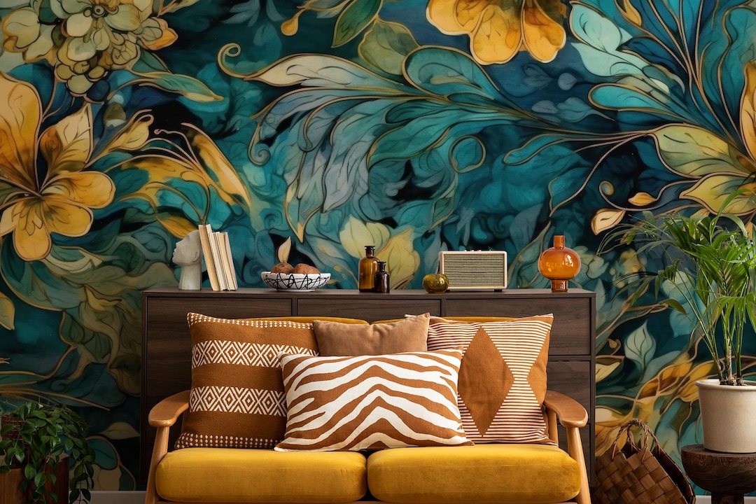 Teal & Yellow Dark Botanical Wallpaper| Floral Wall Mural | Home ...