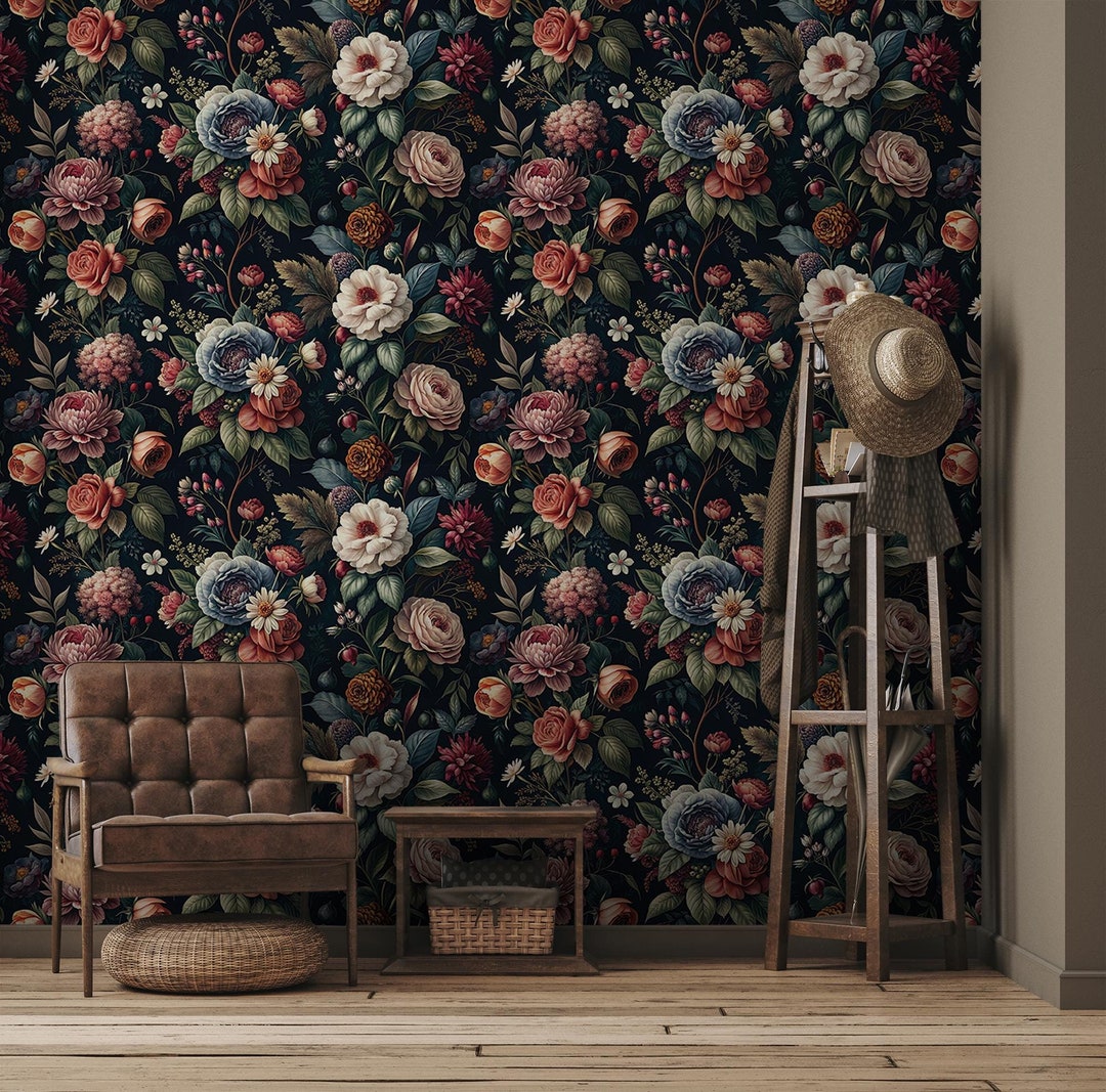 Vintage Botanical Wallpaper, Dark Floral Wall Mural | Home Renovation ...