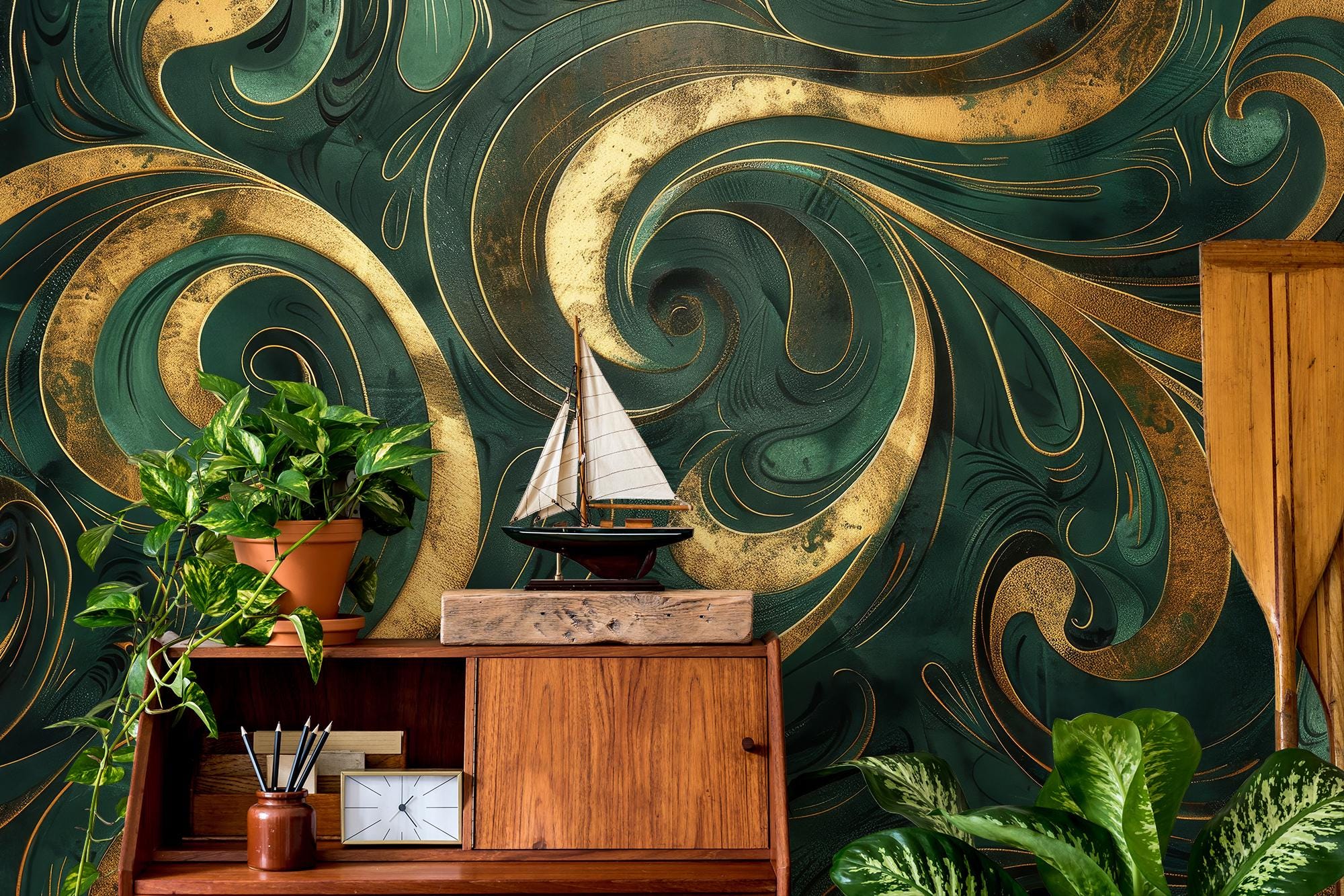 Dark Green Non-gold Abstract Wallpaper | Home Decor | Home Renovation ...