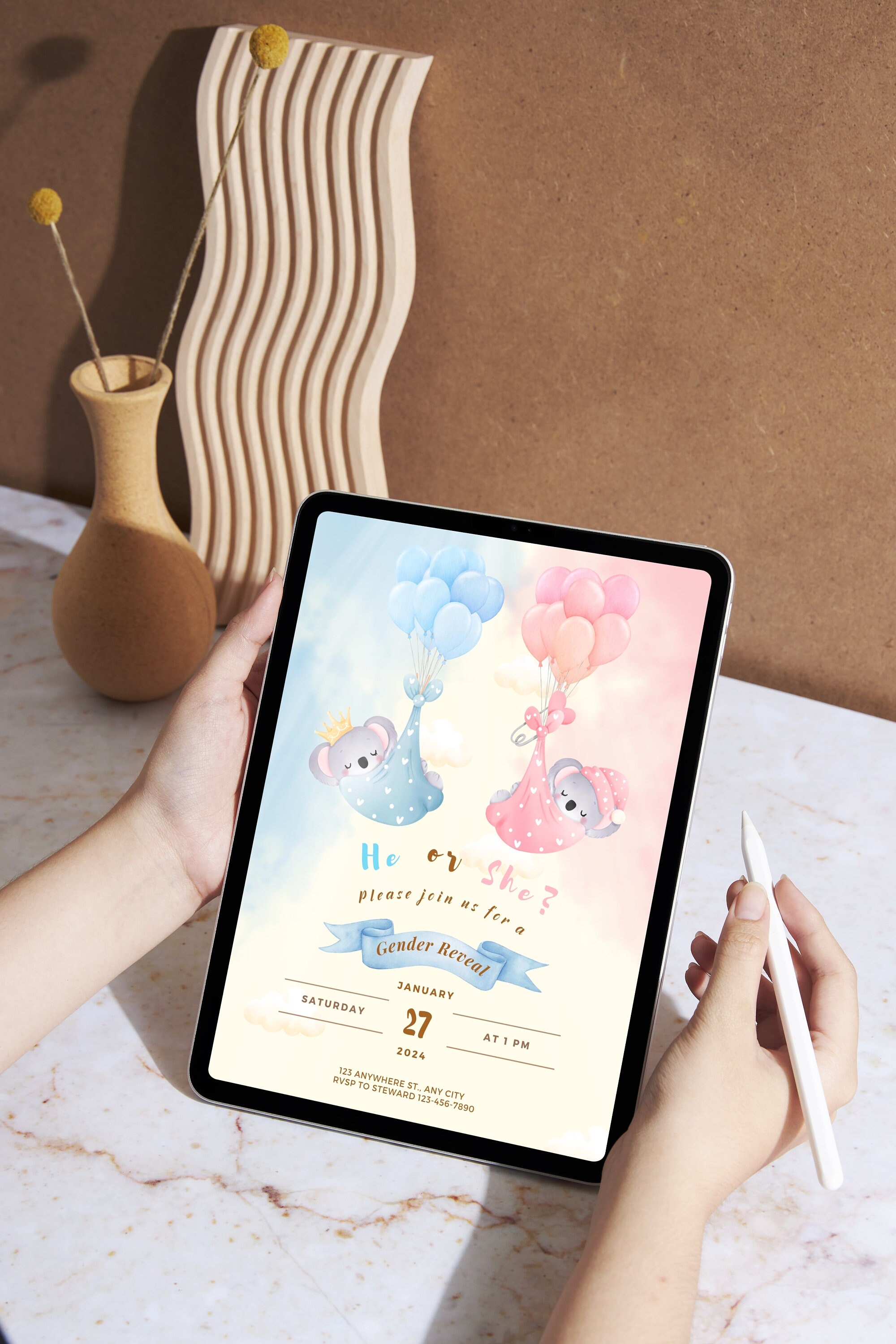 Editable Koala Gender Reveal Invitation Teplate, Hot Air Balloons ...