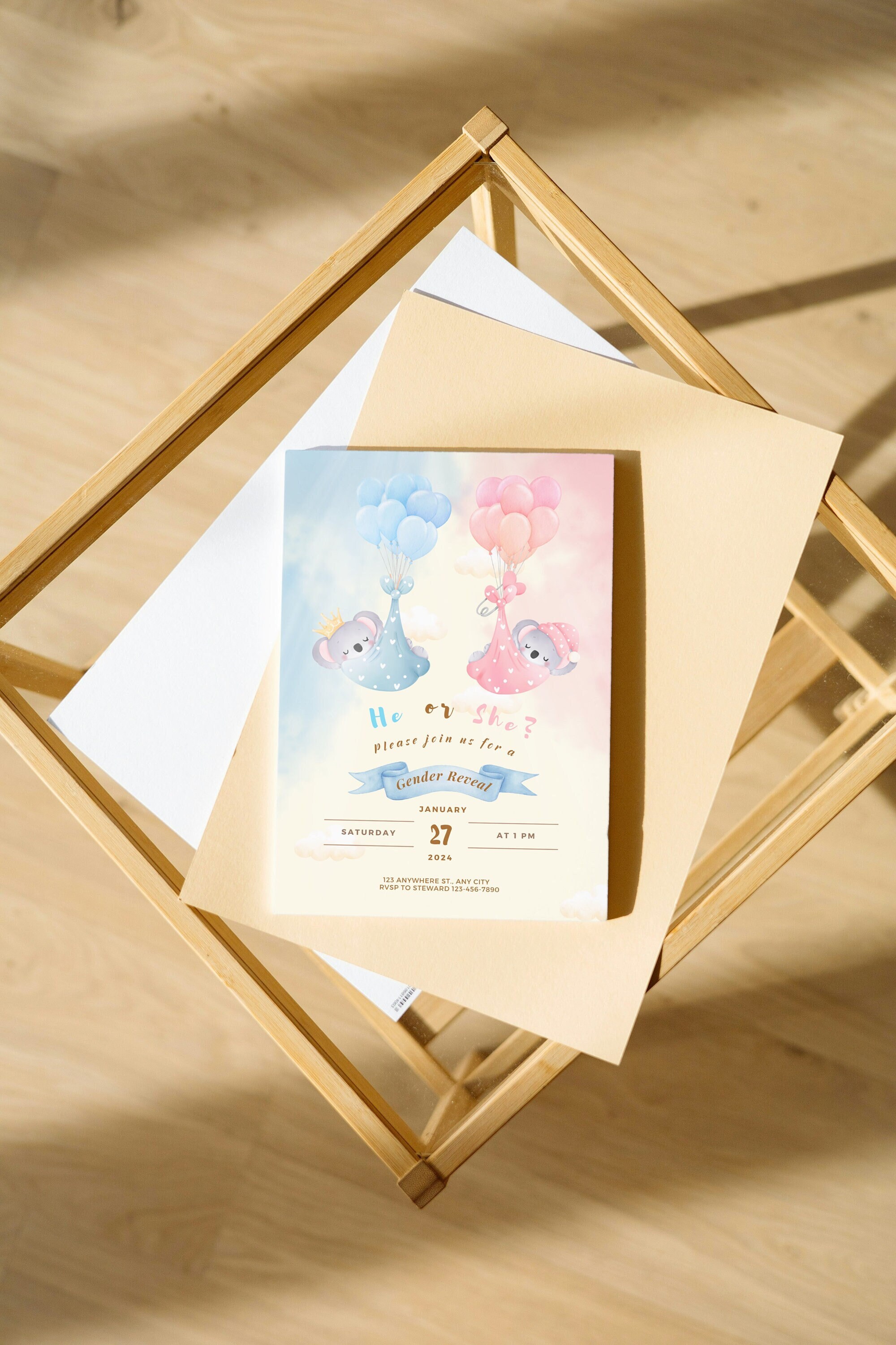 Editable Koala Gender Reveal Invitation Teplate, Hot Air Balloons ...
