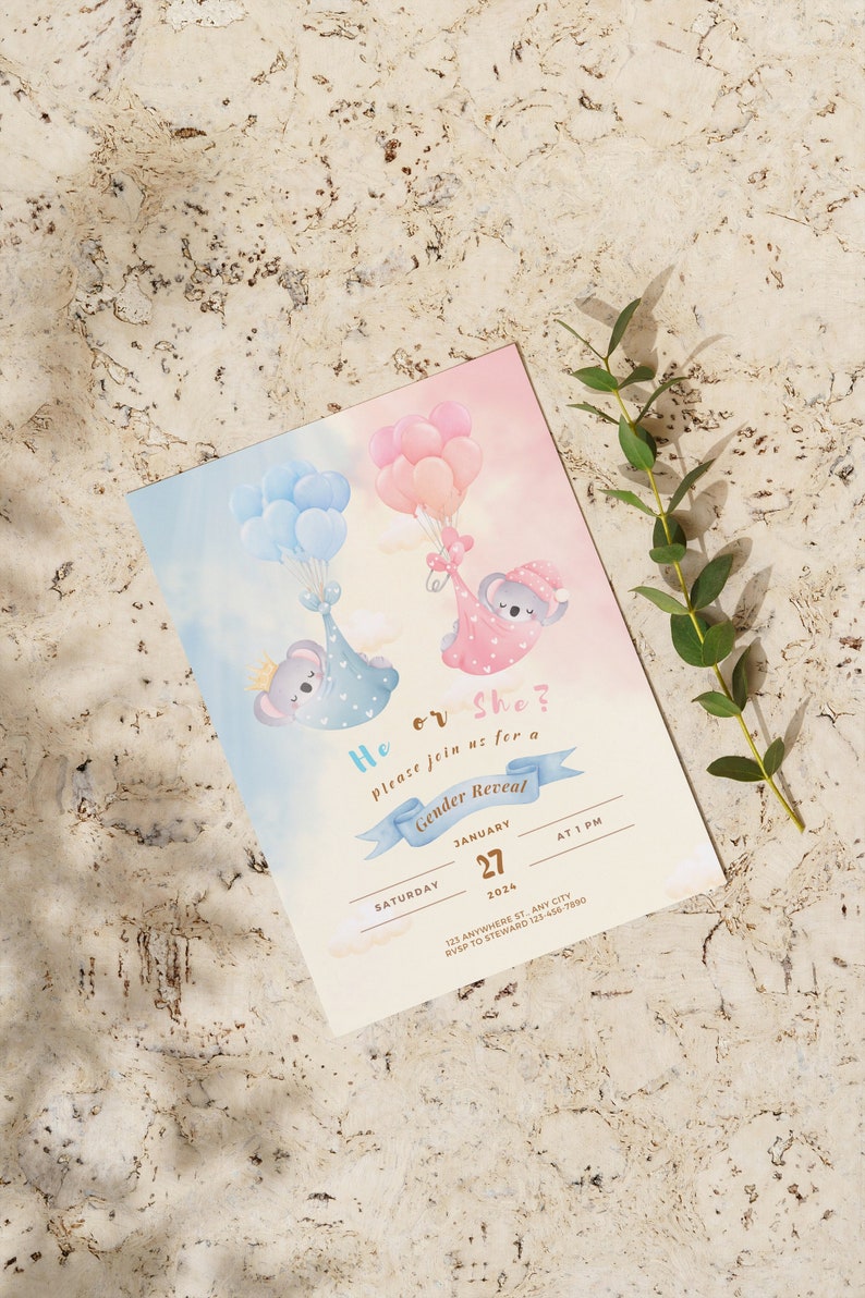 Editable Koala Gender Reveal Invitation Teplate, Hot Air Balloons ...