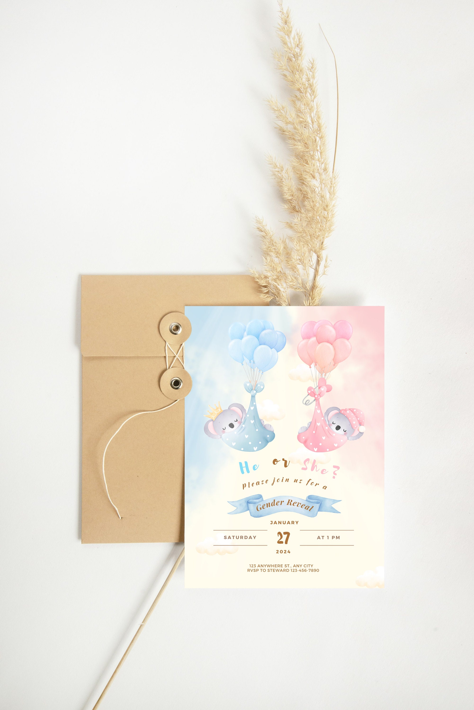 Editable Koala Gender Reveal Invitation Teplate, Hot Air Balloons ...