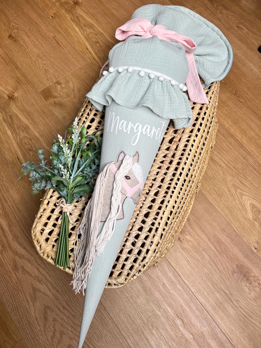 School Cone With Horse Design, School Cone for Girls, Mint Muslin ...