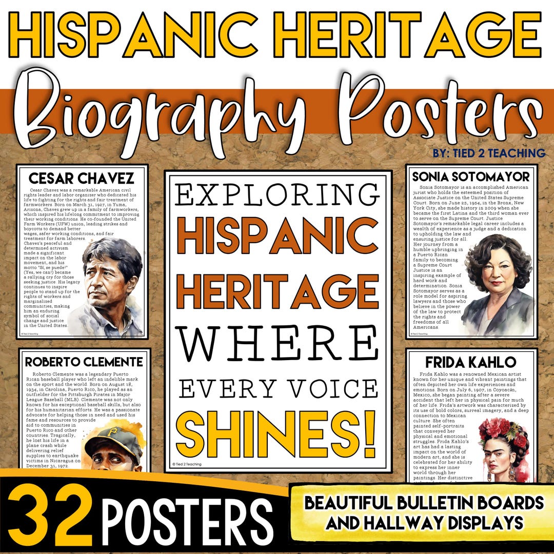 Hispanic Heritage Biography Posters, Classroom Bulletin Board (digital ...