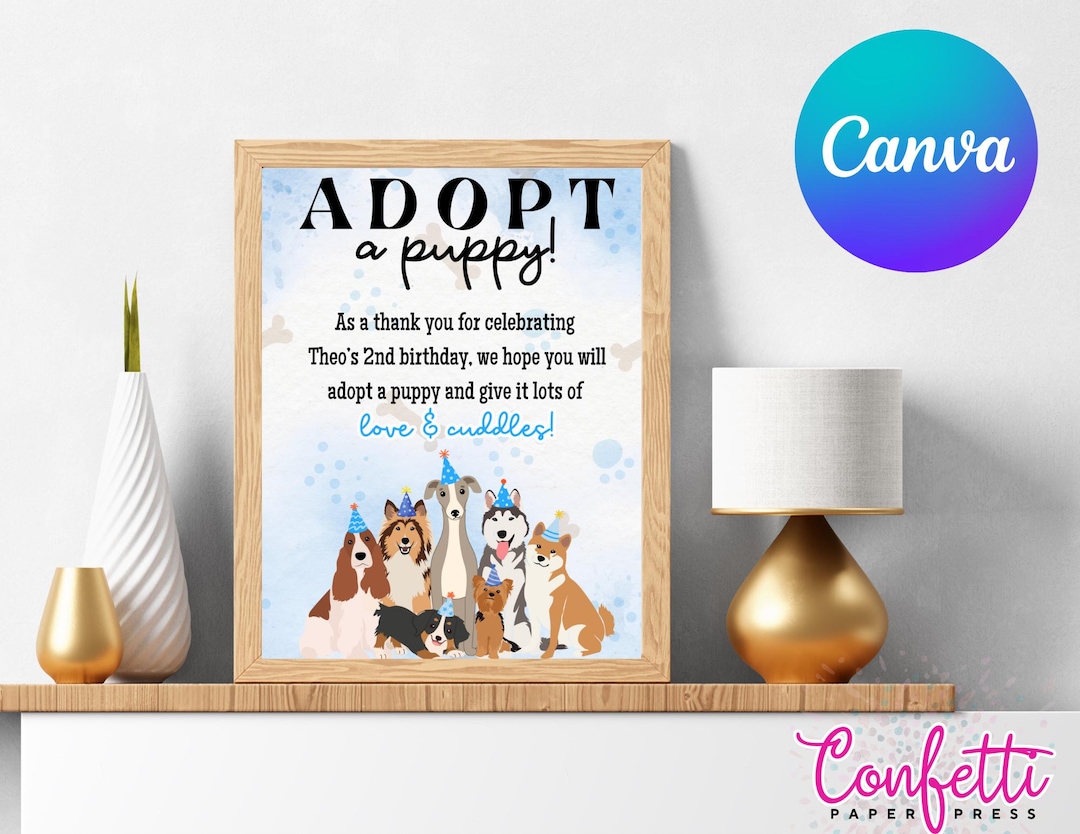 EDITABLE Adopt a Puppy Sign, Birthday Pet Adoption Station, Party Favor ...