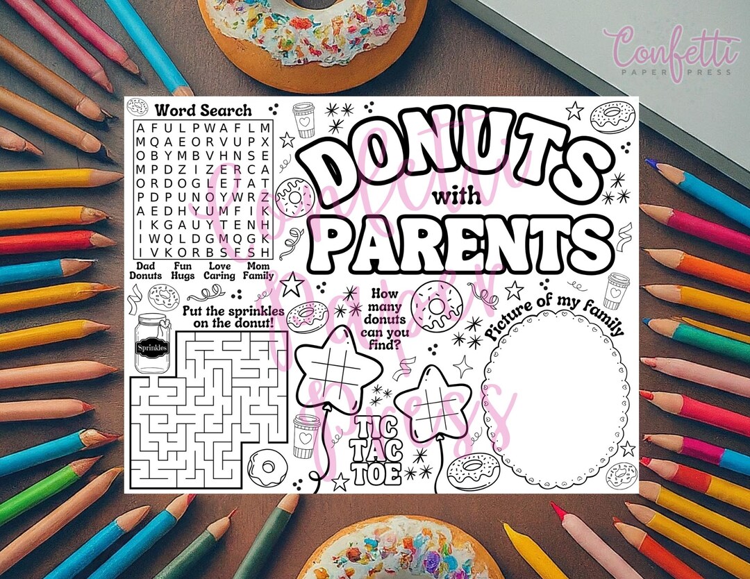 Donuts With Parents Coloring Page Placemat, Activity Sheet, Parent's ...
