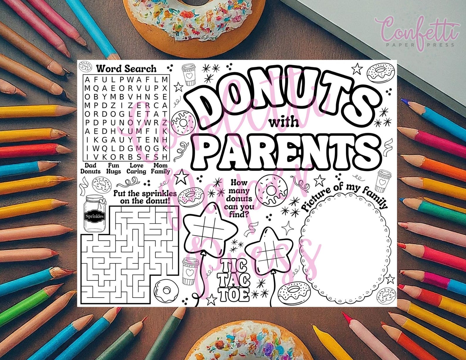 Donuts With Parents Coloring Page Placemat, Activity Sheet, Parent's ...