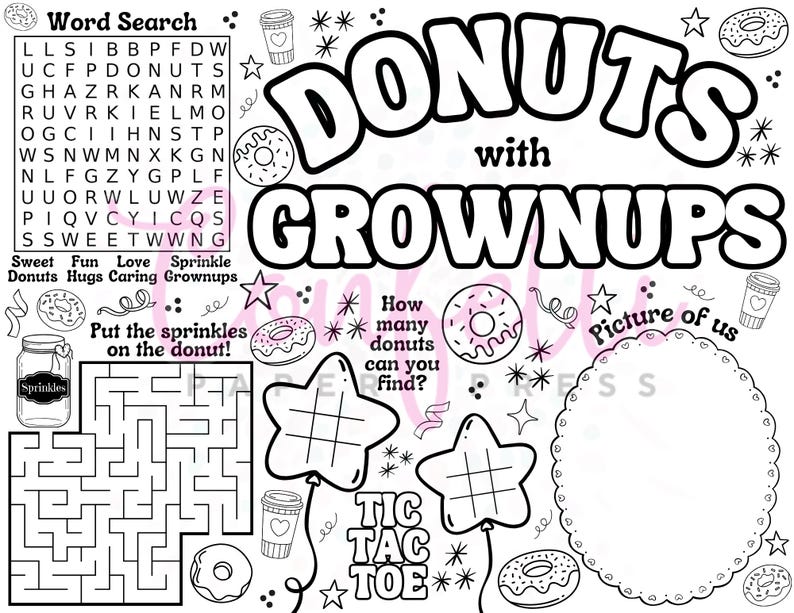 Donuts With Grownups Coloring Page Placemat, Activity Sheet, Parent's ...